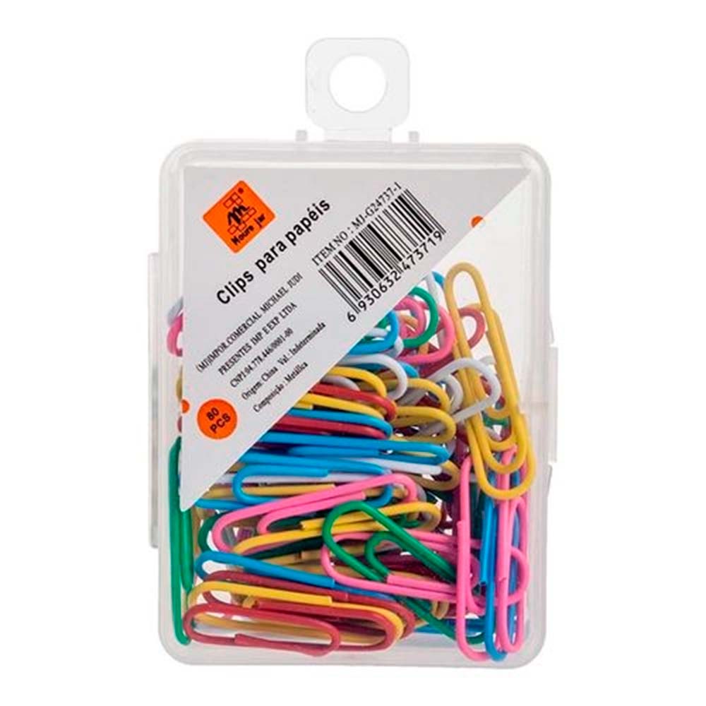Clips Colorido 28mm 80 Peças. Caixa com clips 28mm coloridos
