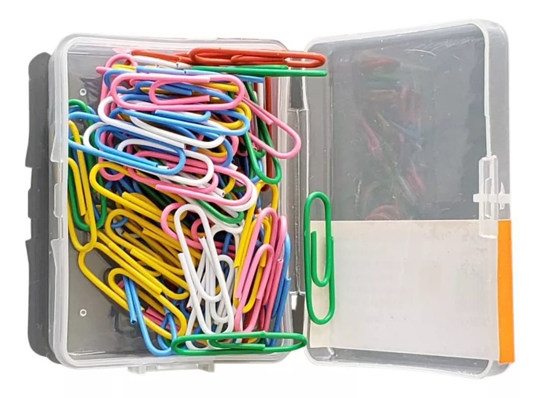 Clips Colorido 28mm 80 Peças. Caixa com clips 28mm coloridos